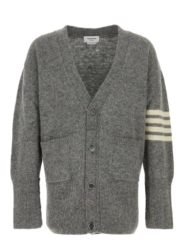 Thom Browne V-neck Wool Cardigan With Signature Stripes - Medgrey035
