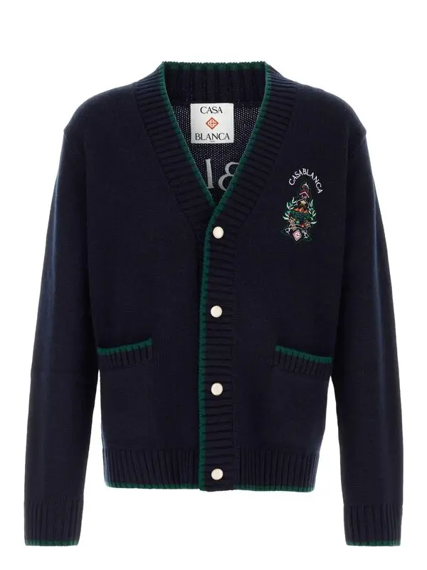 Casablanca Wool-cashmere Knit Cardigan With Emblem - Blue
