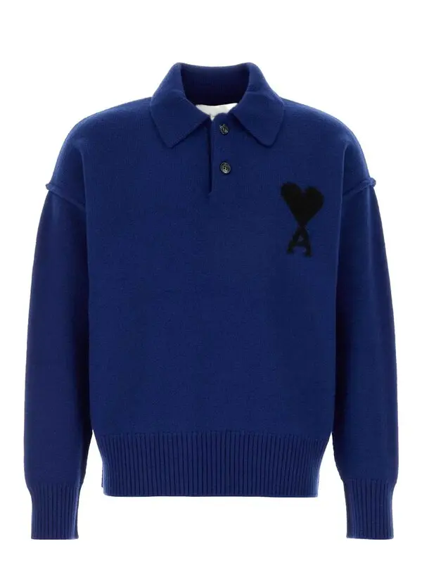 AMI Paris Electric Wool Polo Shirt In 100% Virgin Wool Knitwear For - Blue