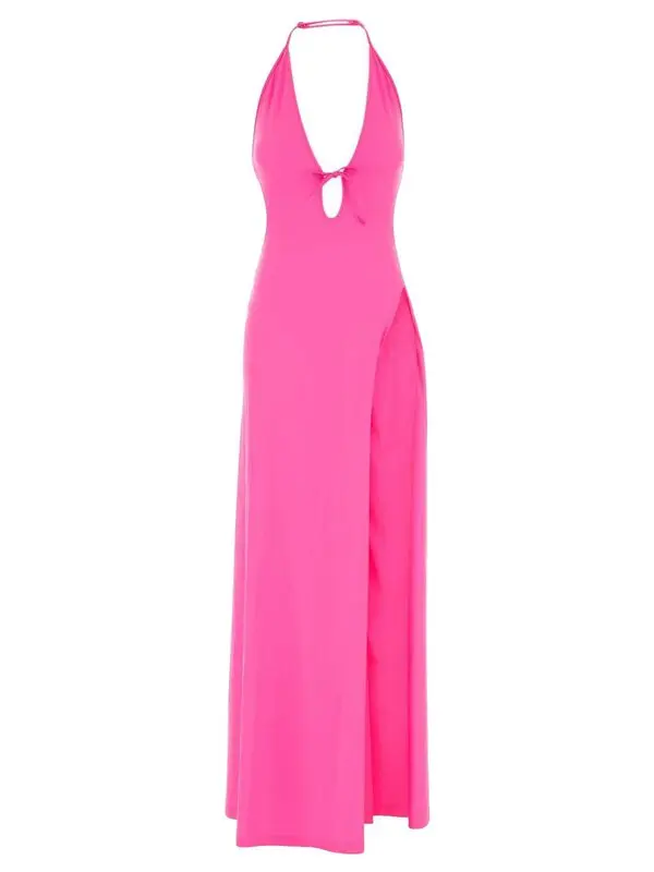 Balenciaga Fluo Stretch Nylon Halterneck Dress With Plunging Neckline And Slit - Pink