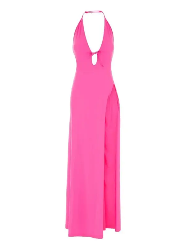 Balenciaga Fluo Stretch Nylon Halterneck Dress With Plunging Neckline And Slit - Pink