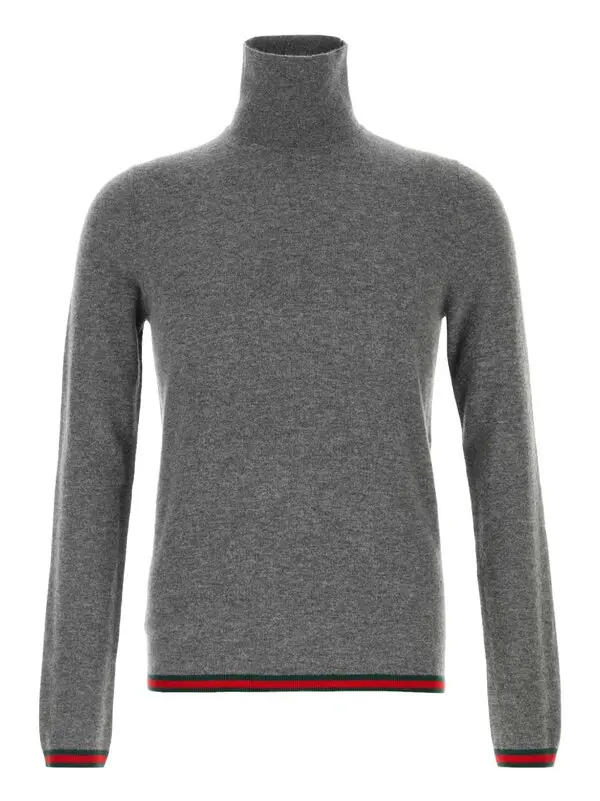 Gucci 100% Cashmere Turtleneck Sweater With Striped Trim - Grey