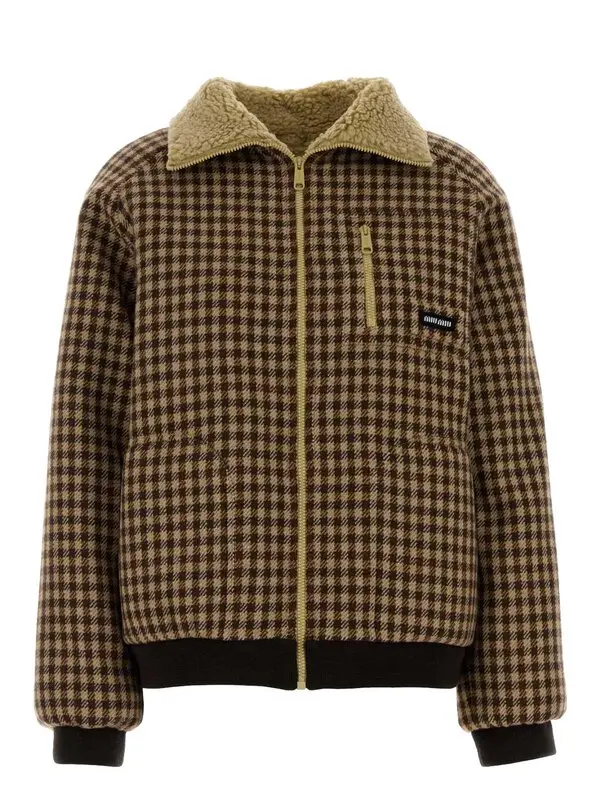 Miu Miu Wool Jacket With Shearling Collar - Checked
