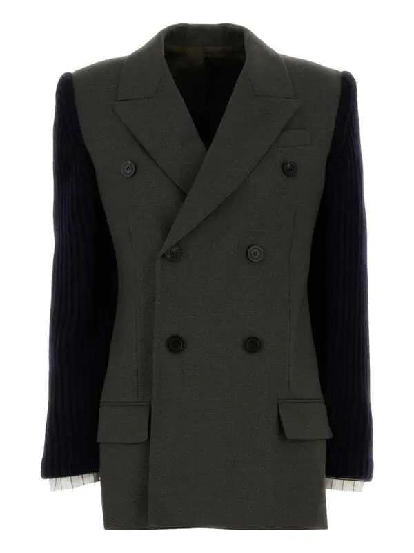 JEAN PAUL GAULTIER Wool Blend Double Breasted Blazer With Contrasting Sleeves - Green