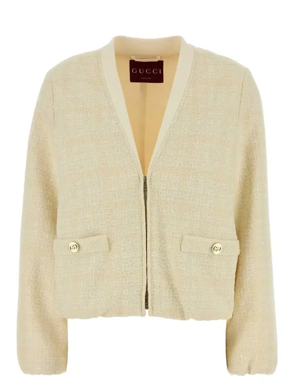 Gucci Textured Tweed Zip-up Jacket - White
