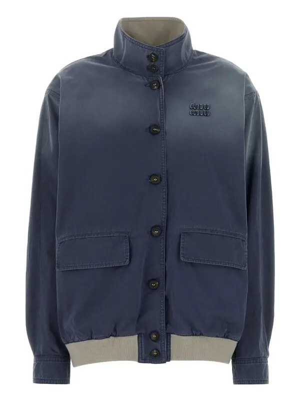 Miu Miu Cotton Twill Jacket With Logo Detail - Blue