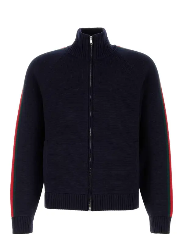 Gucci Wool Zip-up Cardigan With Striped Sleeves - Blue