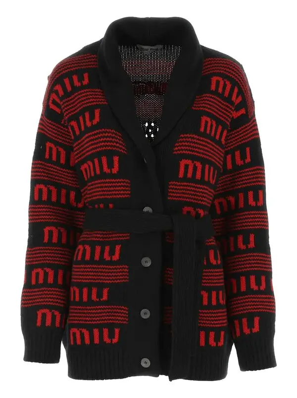 Miu Miu Black & Red Logo Embroidered Oversized Cashmere Cardigan - Printed