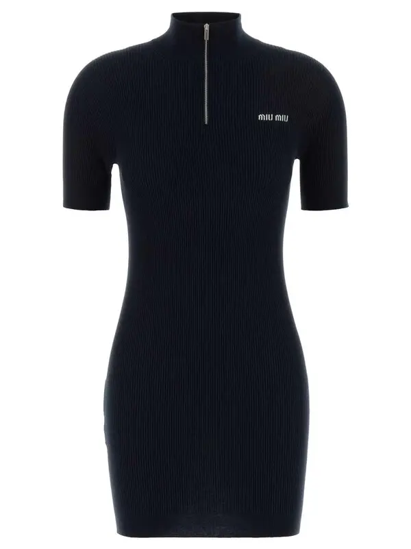 Miu Miu Ribbed Knit Zip-up Short Sleeve Dress - Blue