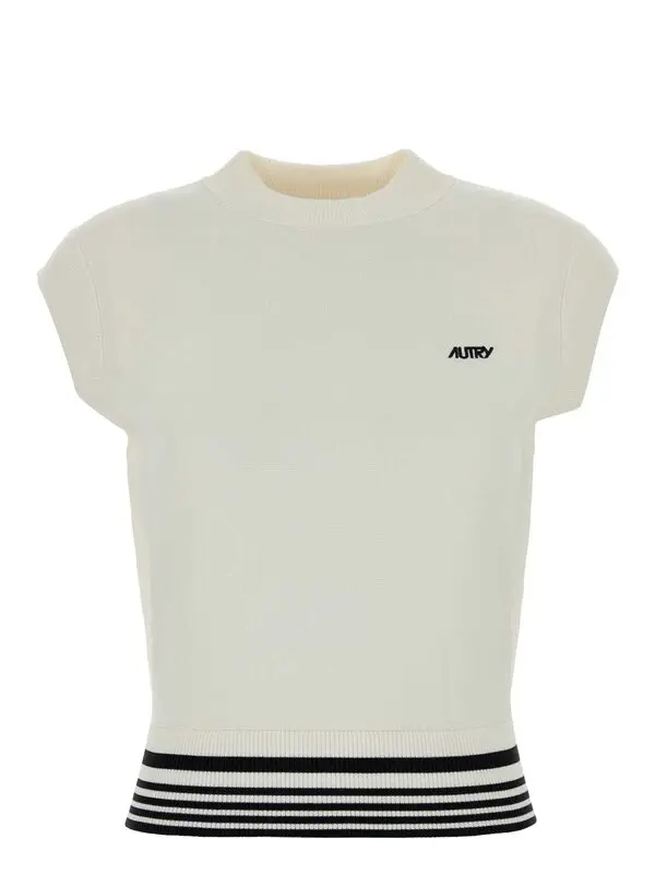 AUTRY Sleeveless Knit Vest With High Neck And Striped Hem - White