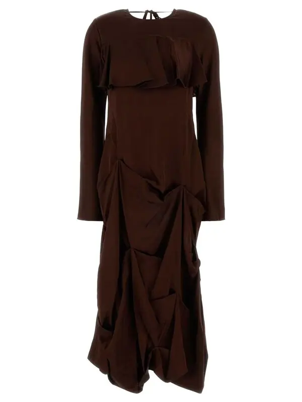 GANNI Long Sleeve Draped Midi Dress - Brown
