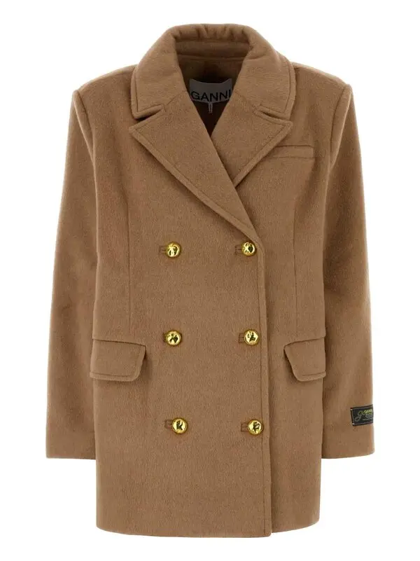 GANNI Double Breasted Wool Blend Blazer - Camel