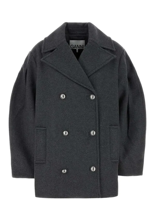 GANNI Double-breasted Wool Blend Jacket With Cashmere Touch - Grey
