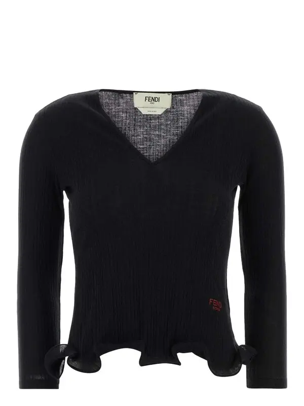 Fendi 100% Virgin Wool Ribbed Knit Top With Ruffled Hem - Black