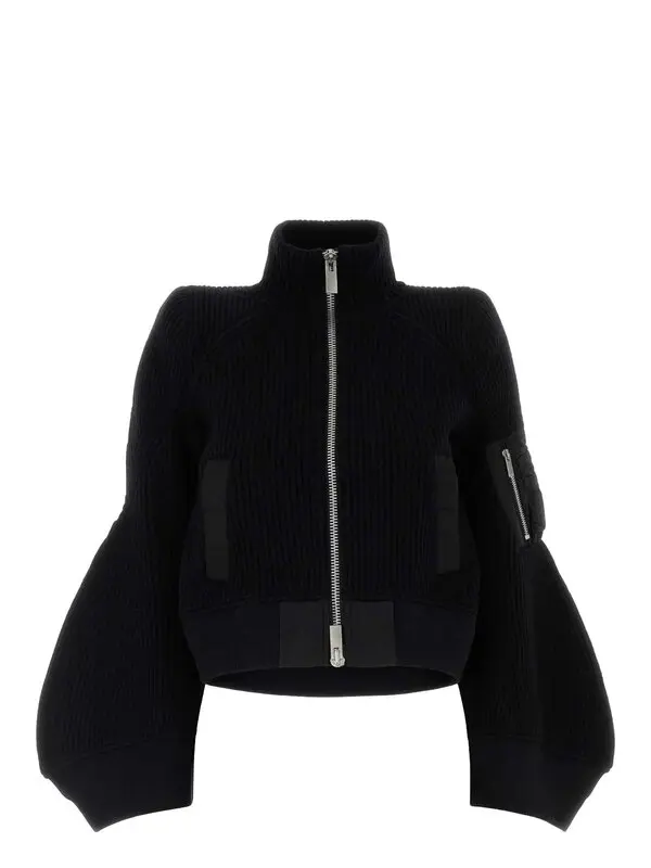 Sacai Ribbed Knit Zip-up Cardigan - Black