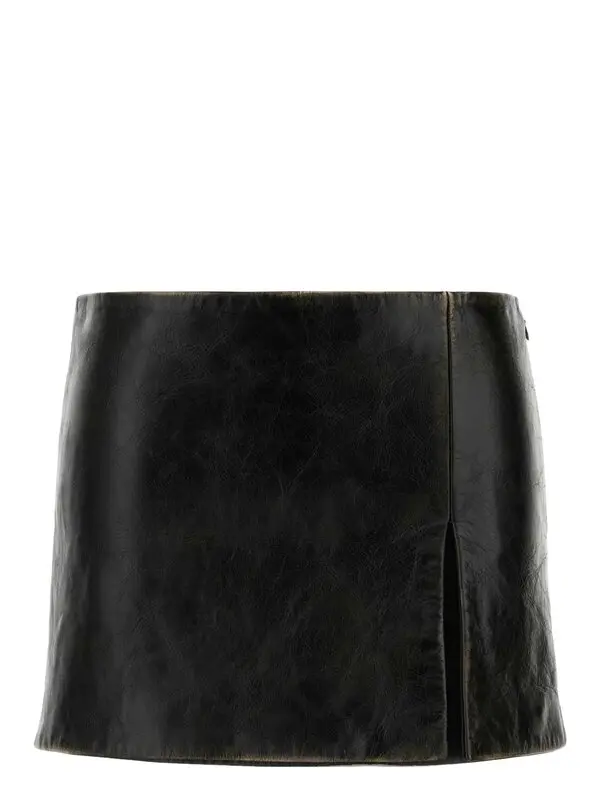 Miu Miu Leather Mini Skirt With Slit - Black