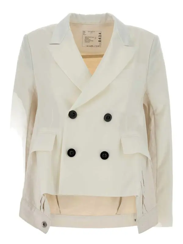Sacai Twill And Denim Double-breasted Blazer - White