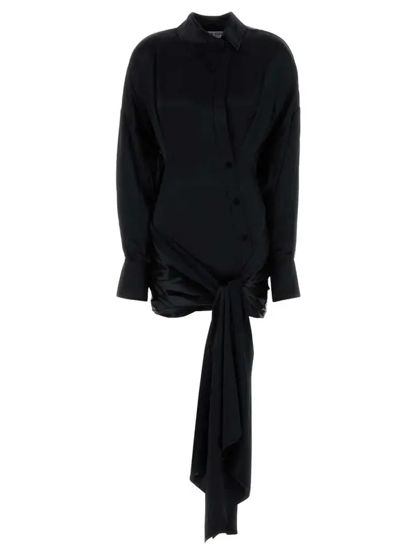 Attico Satin Shirt Dress With Knotted Detail - Black