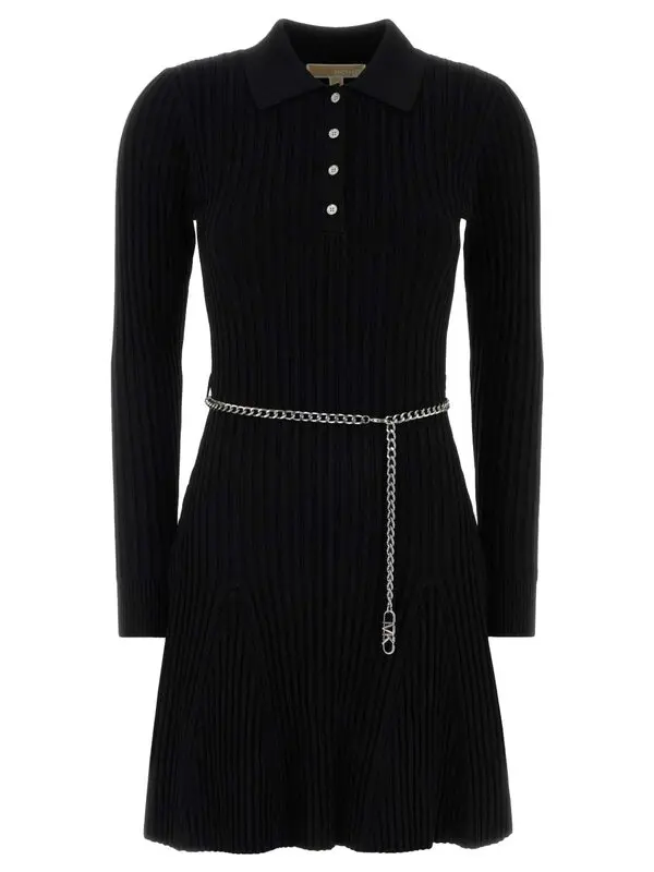 Michael Kors Ribbed Knit Polo Mini Dress With Chain Belt - Black