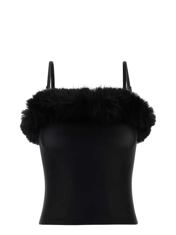 Balenciaga Stretch Nylon Top With Fur Trim - Black