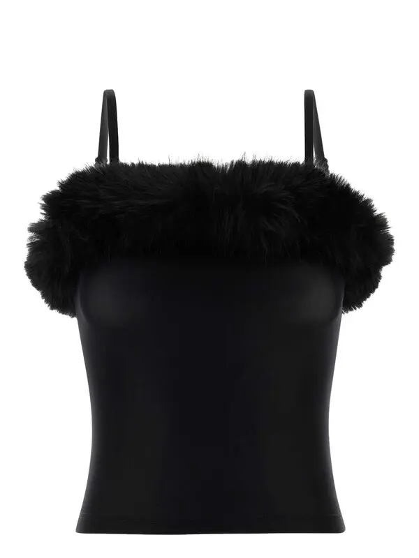 Balenciaga Stretch Nylon Top With Fur Trim - Black