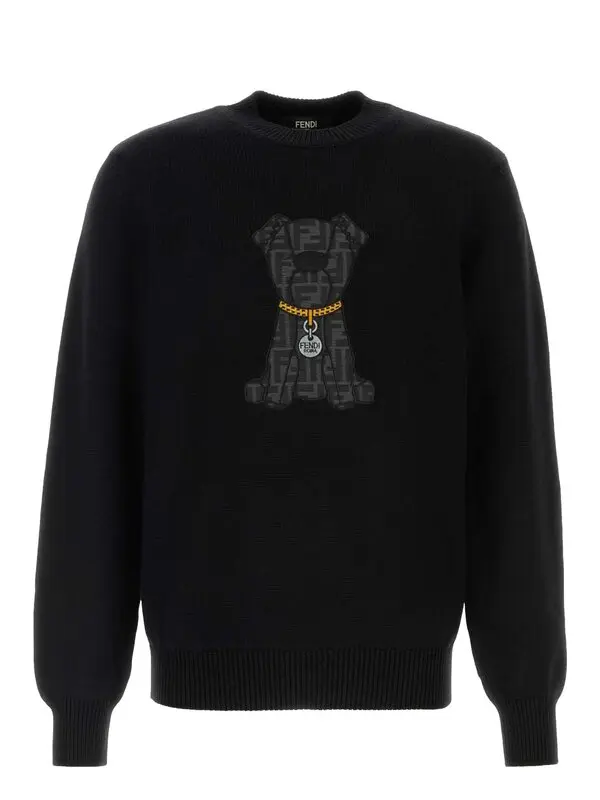 Fendi 100% Virgin Wool Knit Sweater With Dog Motif - Black