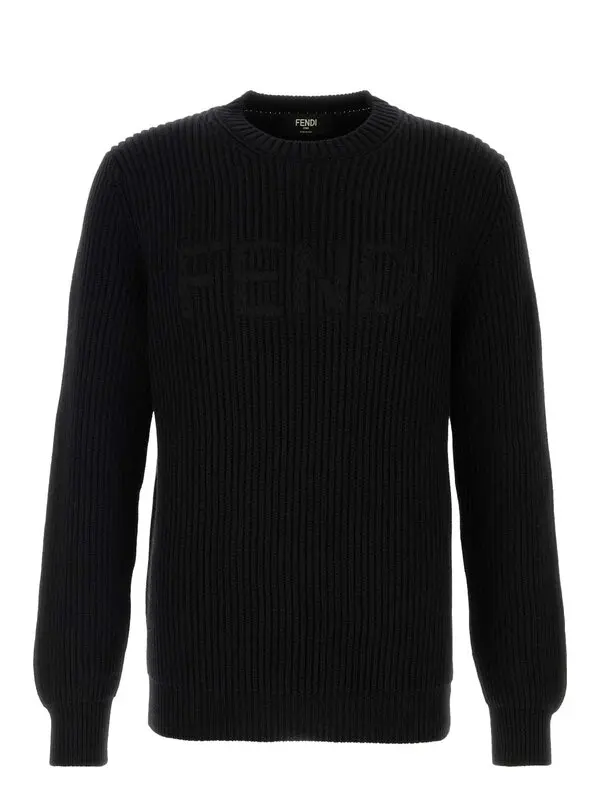 Fendi Ribbed Knit Sweater With Embossed Logo - Black