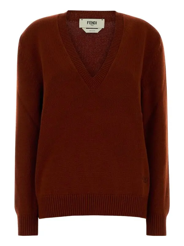 Fendi Cashmere Stretch V-neck Sweater - Red