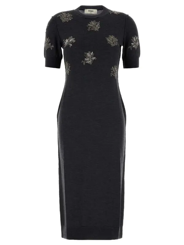 Fendi Charcoal Stretch Wool Mini Dress With Embellishments - Grey