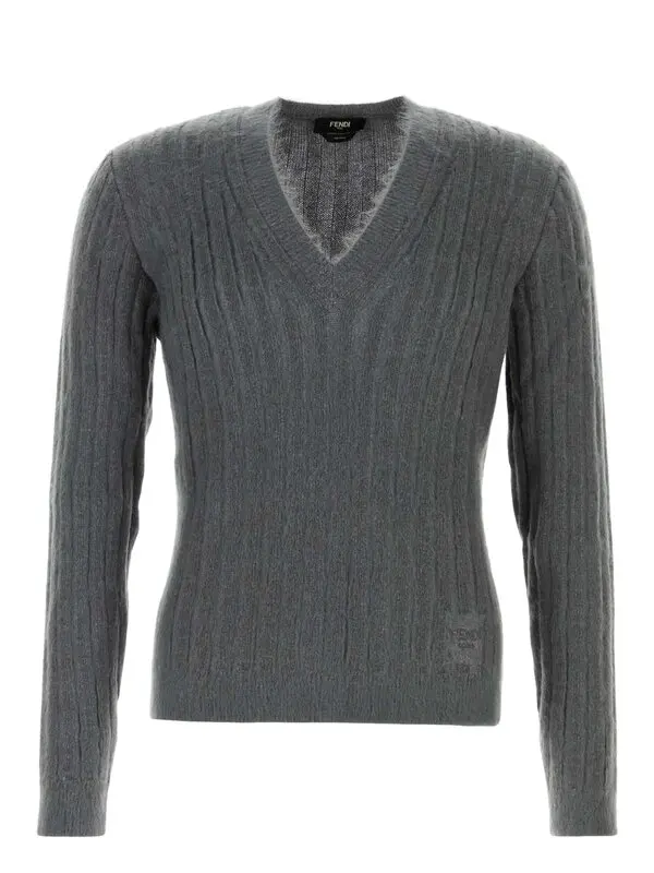 Fendi V-neck Ribbed Mohair Blend Sweater - Grey