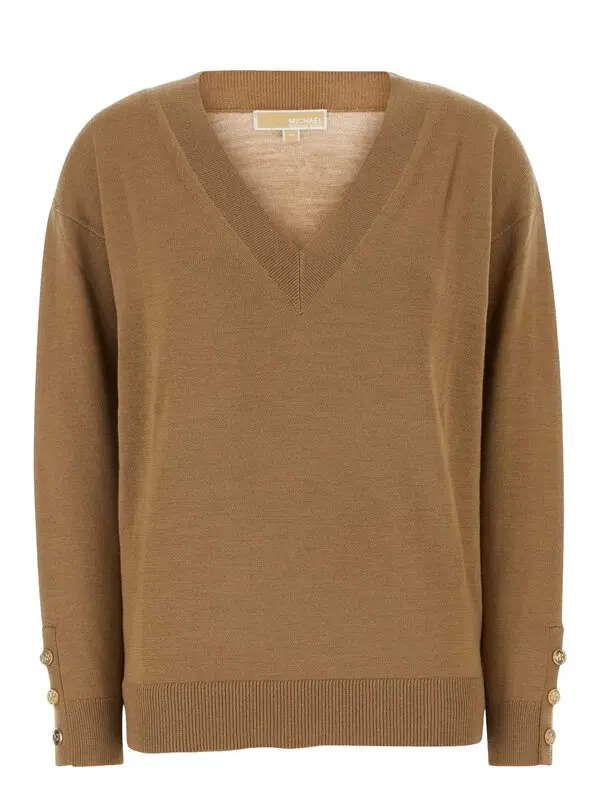 Michael Kors V-neck Button Detailed Merino Wool Sweater - Camel