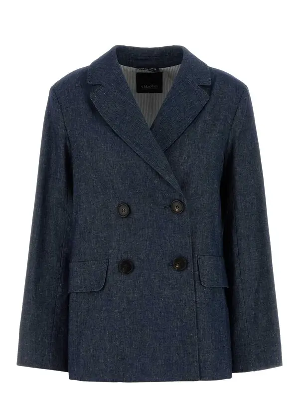 S MAXMARA Double Breasted Stretch Denim Blazer - Blue