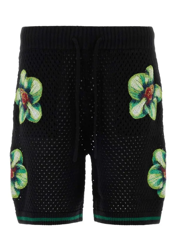 Casablanca Crochet Bermuda Shorts With Floral Applique - Black