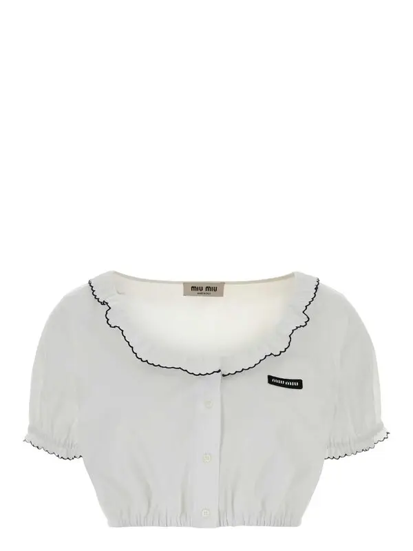 Miu Miu Cropped Poplin Shirt With Ruffle Collar - White