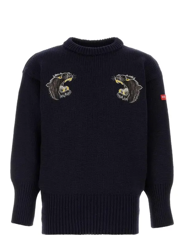 Junya Watanabe Embroidered Tiger Crew Neck Wool Sweater - Blue