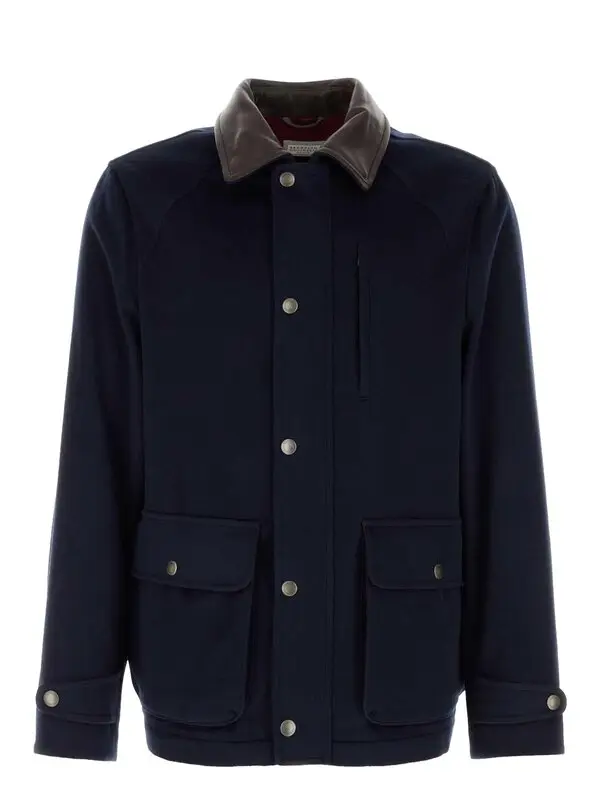 Brunello Cucinelli Virgin Wool Jacket With Leather Collar - Blue