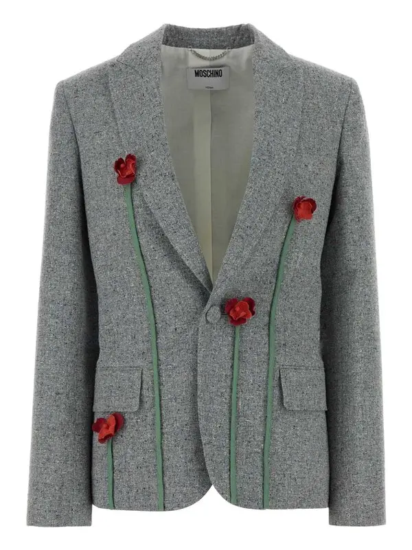 Moschino Silk-blend Melange Blazer With Floral Embellishment - Grey