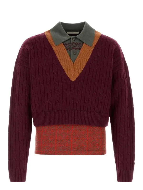 Dries Van Noten Layered Cable Knit Polo Sweater - Bordeaux