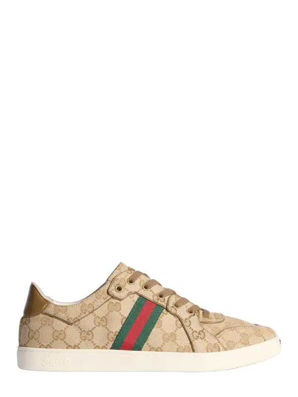 Gucci Leather Lace-up Sneakers With Web Side Detail And Interlocking G Toe Cap - Beige