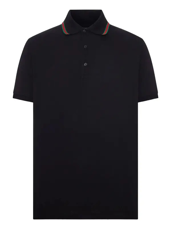 Gucci Cotton Piqué Polo T-shirt With Web Ribbon Collar Trim - Nero