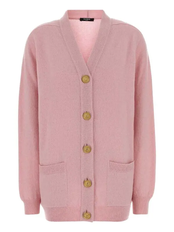 Balmain Cashmere & Virgin Wool Cardigan With Button Detail - Pink