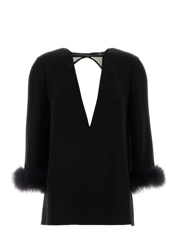 Valentino Garavani Silk Blouse With Feather Cuffs - Black