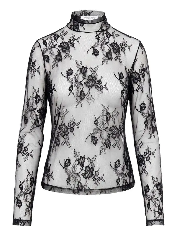 Patrizia Pepe Sheer Lace Turtleneck Top - Nero