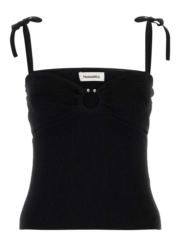 Nanushka Savera Ribbed Top With Tie Shoulder Straps - Black