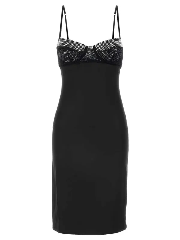 Oseree Stretch Satin Embellished Dress - Black