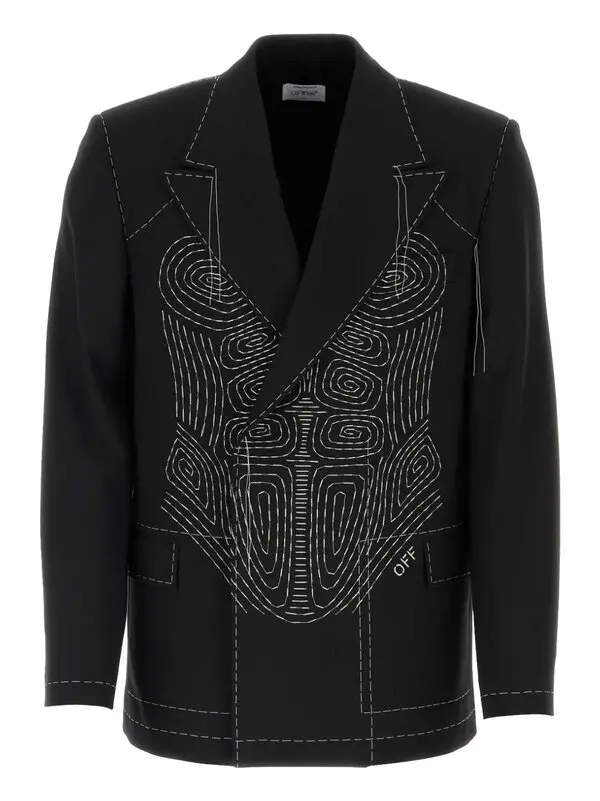 Off-White Inspired Stretch Blazer In Polyester Wool Blend - Black