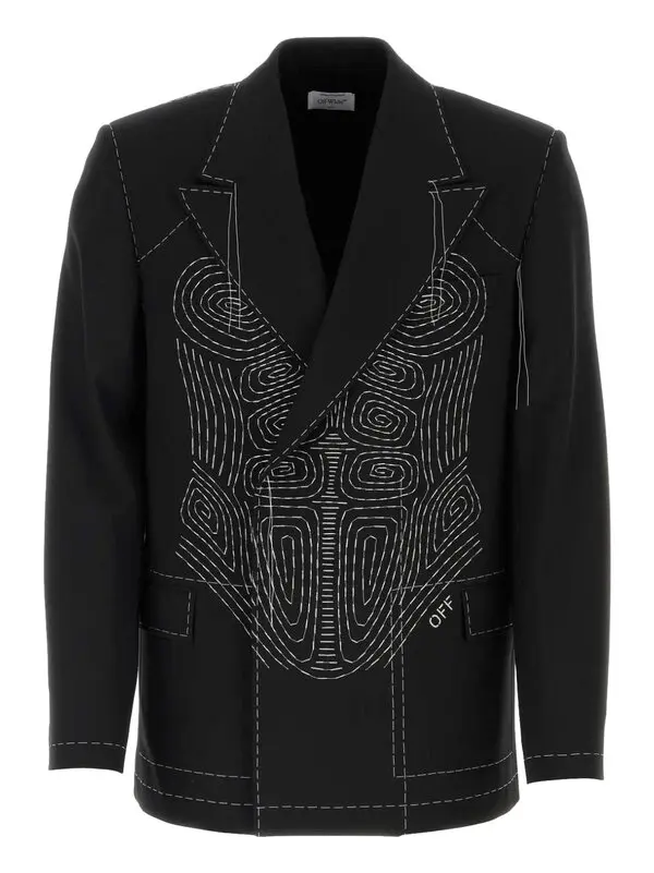 Off-White Inspired Stretch Blazer In Polyester Wool Blend - Black