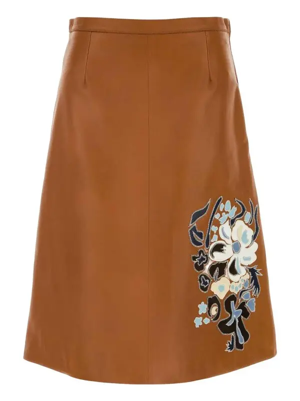 Marni Ovine Leather Embroidered Skirt - Camel