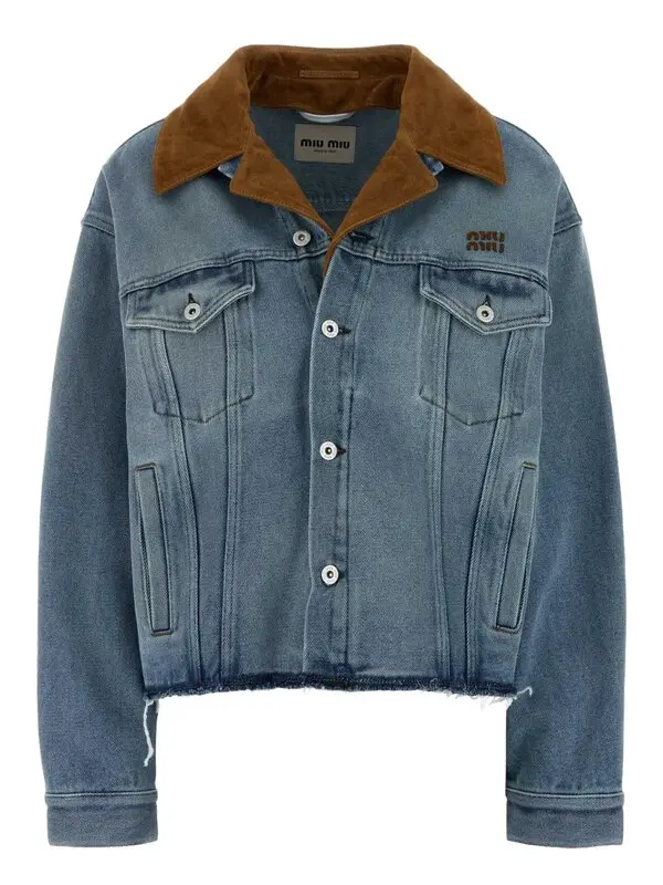 Miu Miu Denim Trucker Jacket With Brown Collar - Blue