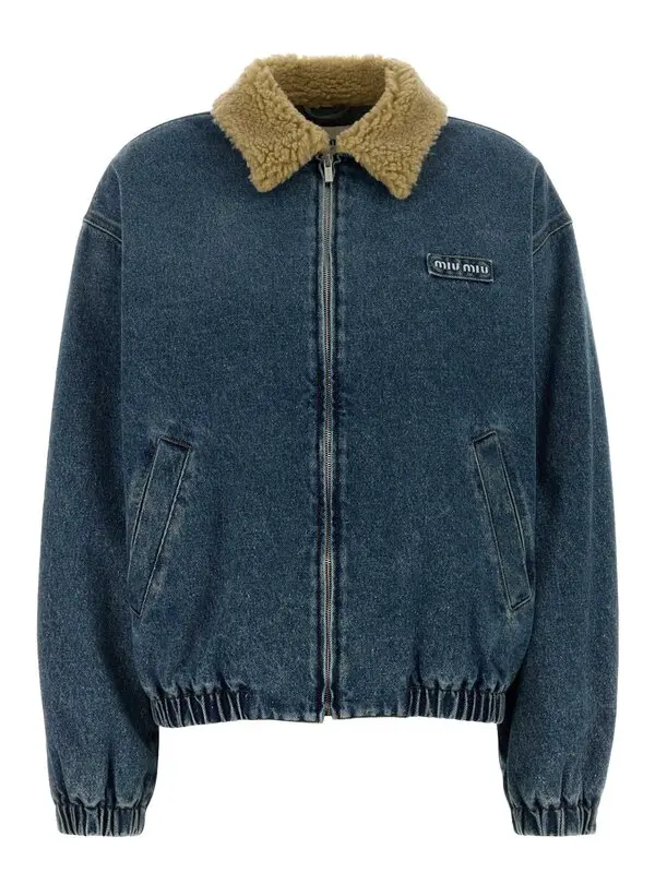 Miu Miu Denim Bomber Jacket With Shearling Collar - Blue